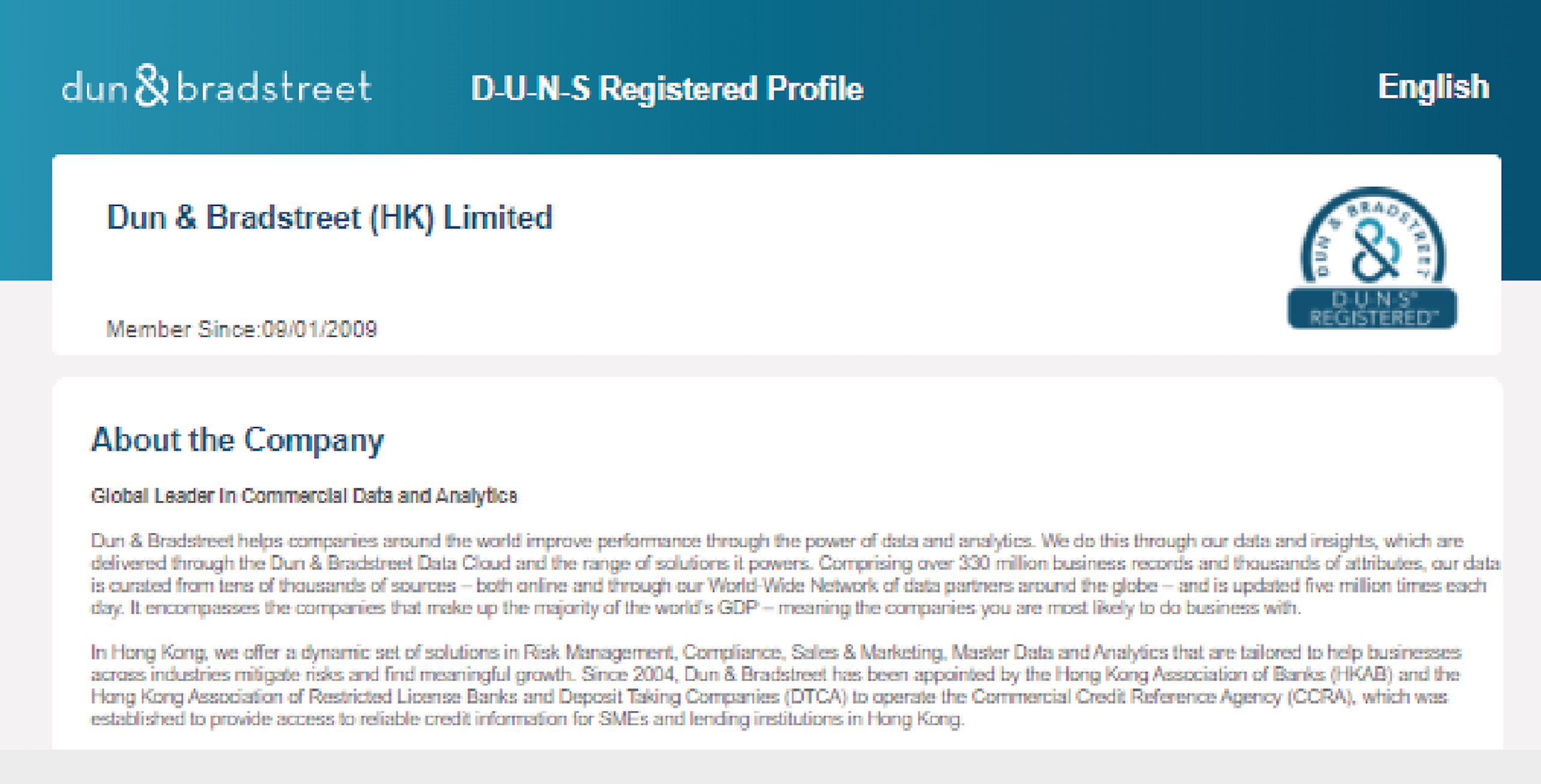 DUNS Registered - The globally trusted benchmark of Business Credibility